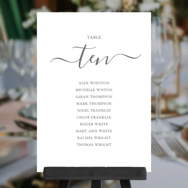 Elegant Gray Script Table Number 10 Seating Chart | Zazzle