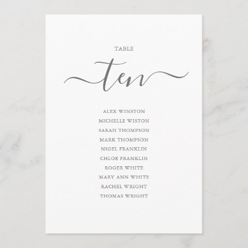 Elegant Gray Script Table Number 10 Seating Chart | Zazzle