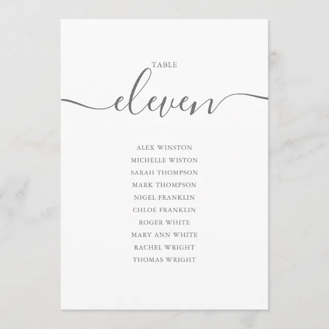 Elegant Gray Script Table Number 11 Seating Chart | Zazzle