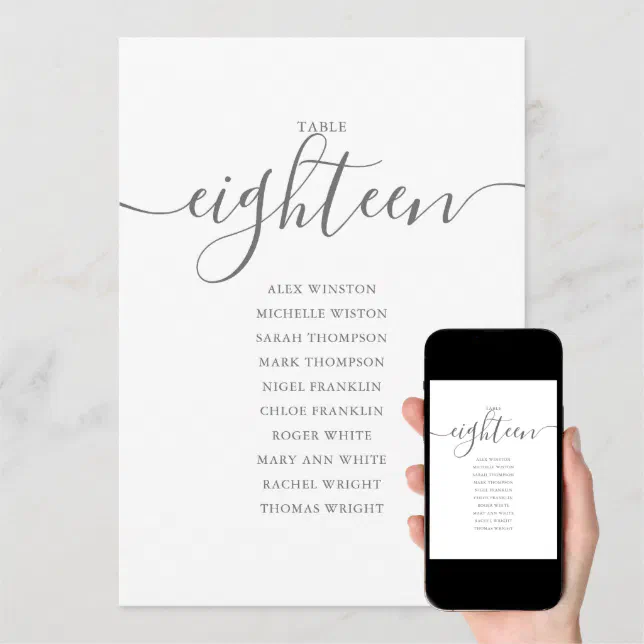 Elegant Gray Script Table Number 18 Seating Chart | Zazzle