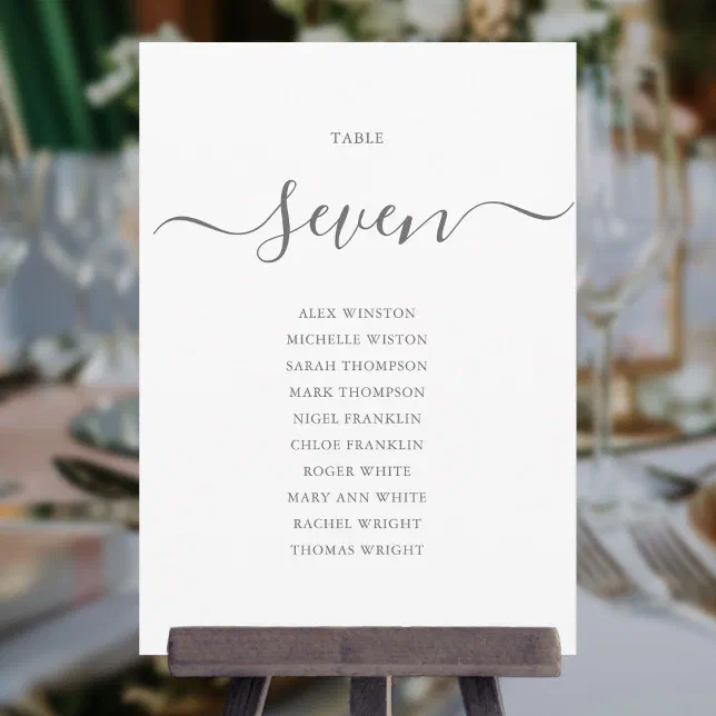 Elegant Gray Script Table Number 7 Seating Chart | Zazzle