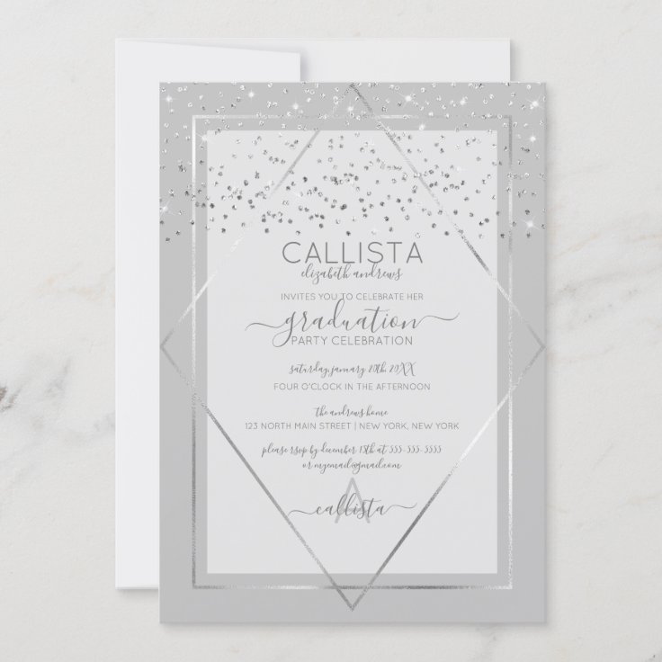Elegant Gray Silver Confetti Border Graduation Invitation | Zazzle
