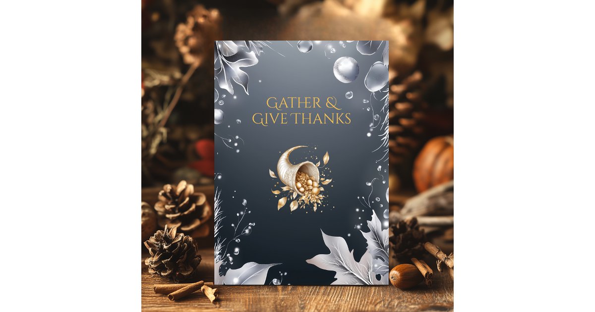 Elegant Gray Thanksgiving with Cornucopia & Silver Invitation | Zazzle