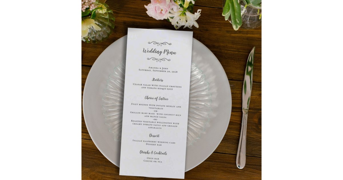 Elegant Gray & White Calligraphy Wedding Dinner Menu | Zazzle