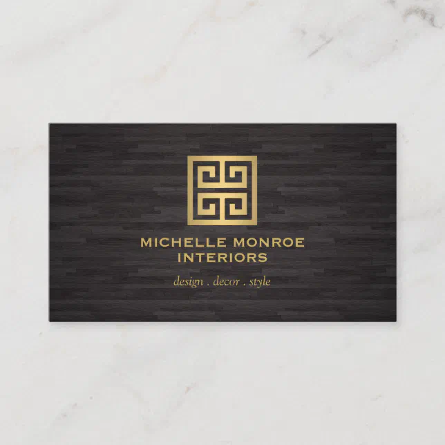 Elegant Greek Key Designer Logo Gold/Woodgrain Business Card | Zazzle