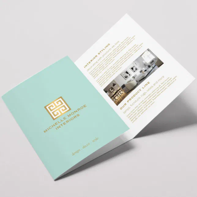 Elegant Greek Key Mint Interior Design Brochure | Zazzle