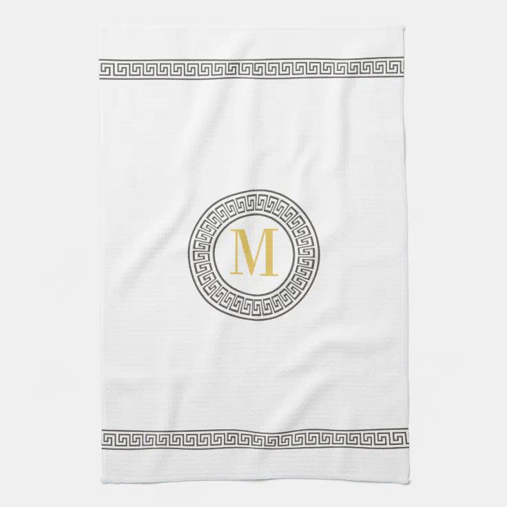 Elegant Greek Key Monogram Kitchen Towels | Zazzle