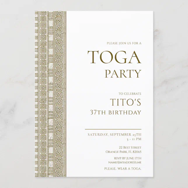 Elegant Greek or Roman toga birthday party Invitation | Zazzle