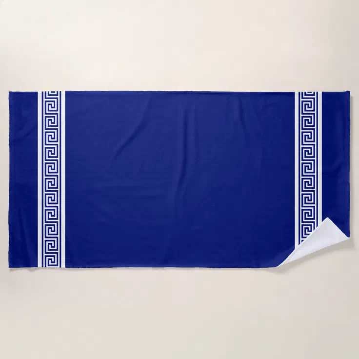 Elegant Greek Pattern on Navy Blue & White Beach Towel | Zazzle