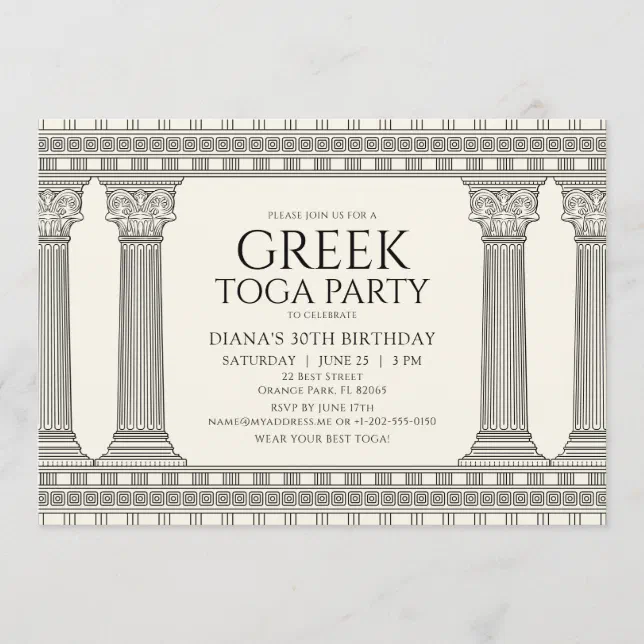 Elegant Greek Toga Birthday Party with Temple Invitation | Zazzle