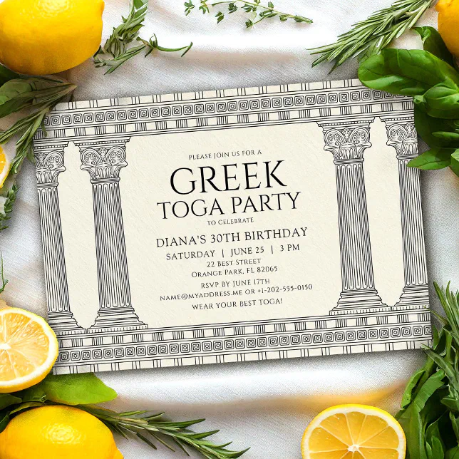 Elegant Greek Toga Birthday Party with Temple Invitation | Zazzle