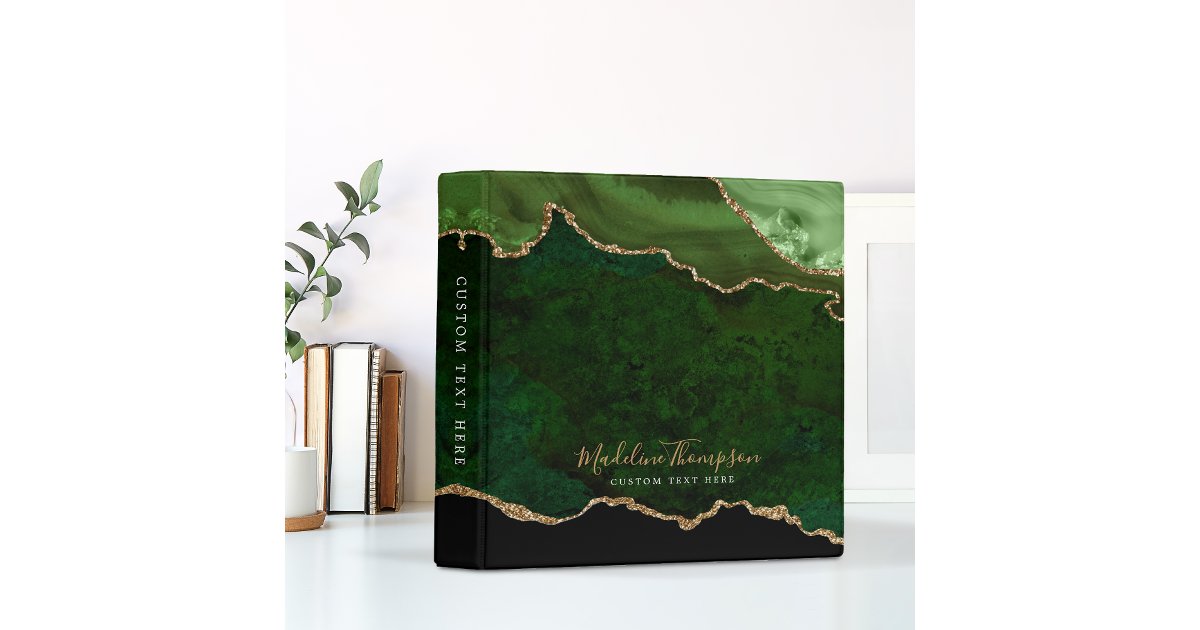 Elegant Green Agate Geode Gold Script Typography 3 Ring Binder | Zazzle
