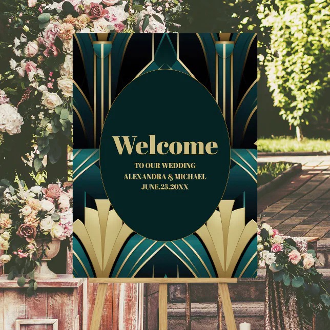 Elegant Green and Gold Art Deco Wedding Foam Board | Zazzle
