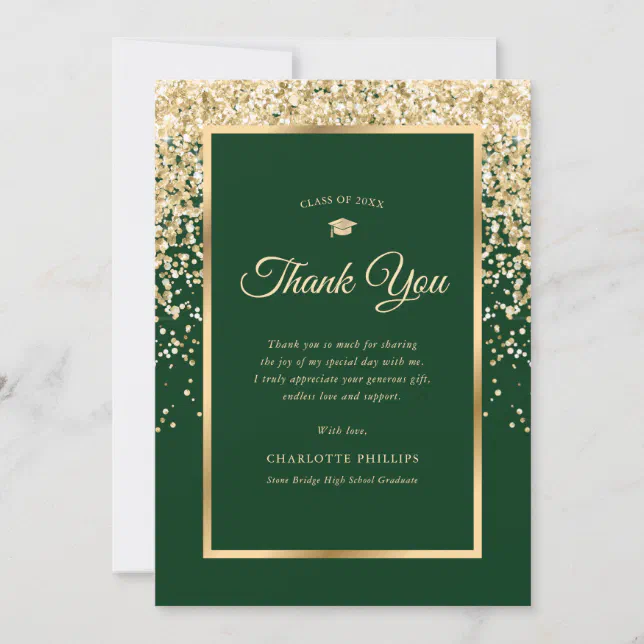 Elegant Green and Gold Confetti Graduation Thank You Card | Zazzle