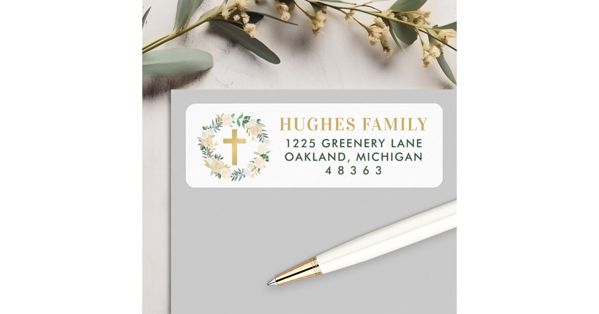 Elegant Green and Gold Floral Cross Return Address Label | Zazzle