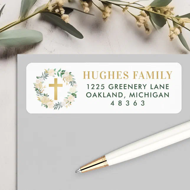 Elegant Green and Gold Floral Cross Return Address Label | Zazzle