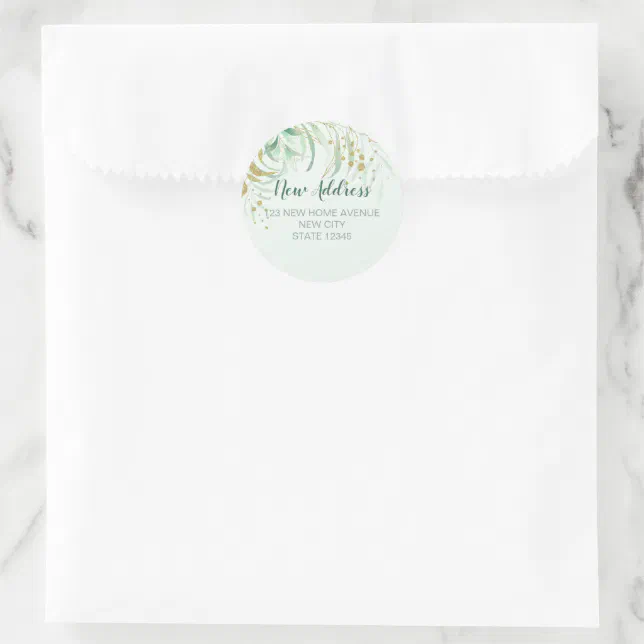 Elegant Green and Gold Foliage New Address Sticker | Zazzle