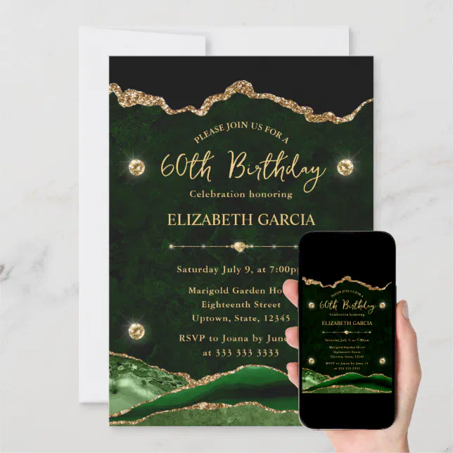 Elegant Green and Gold Glitter Agate 60th Birthday Invitation | Zazzle