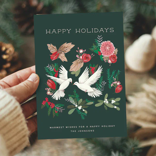 Elegant Green & Beige Dove Birds Floral Holiday Card | Zazzle