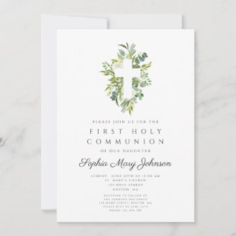 Elegant Green Botanical Cross First Communion Invitation | Zazzle