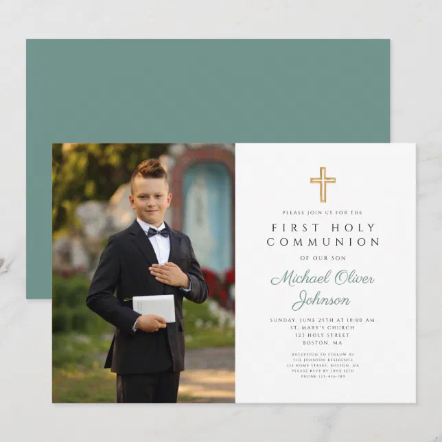Elegant Green Cross Photo Boy First Communion Invitation | Zazzle