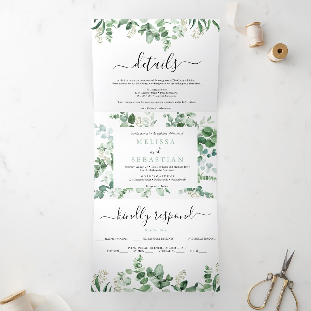 elegant green eucalyptus triptych wedding invitati Tri-Fold invitation | Zazzle