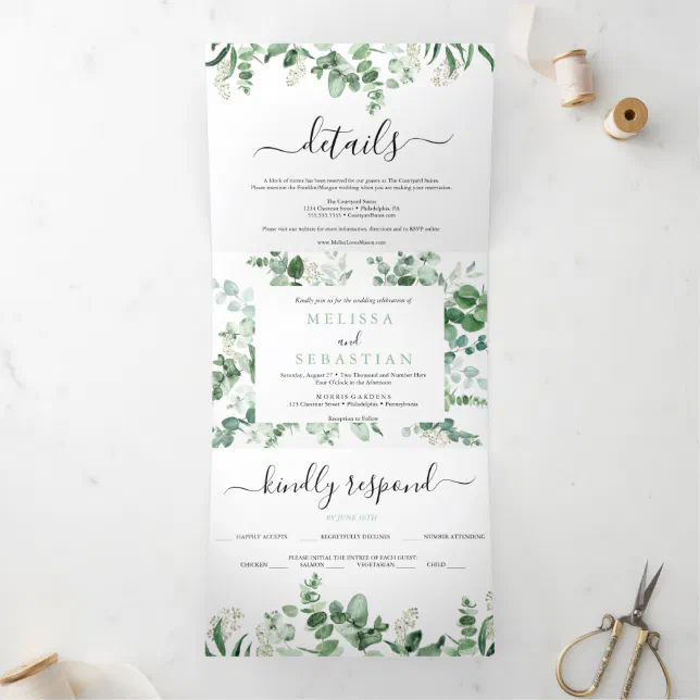 elegant green eucalyptus triptych wedding invitati Tri-Fold invitation ...