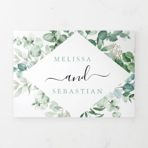 elegant green eucalyptus triptych wedding invitati Tri-Fold invitation ...