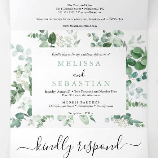 elegant green eucalyptus triptych wedding invitati Tri-Fold invitation ...