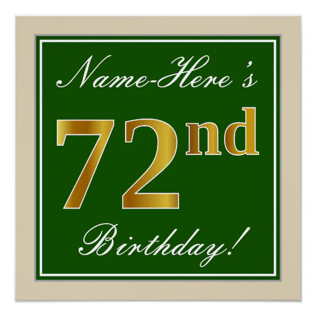 Elegant, Green, Faux Gold 72nd Birthday + Name Poster | Zazzle