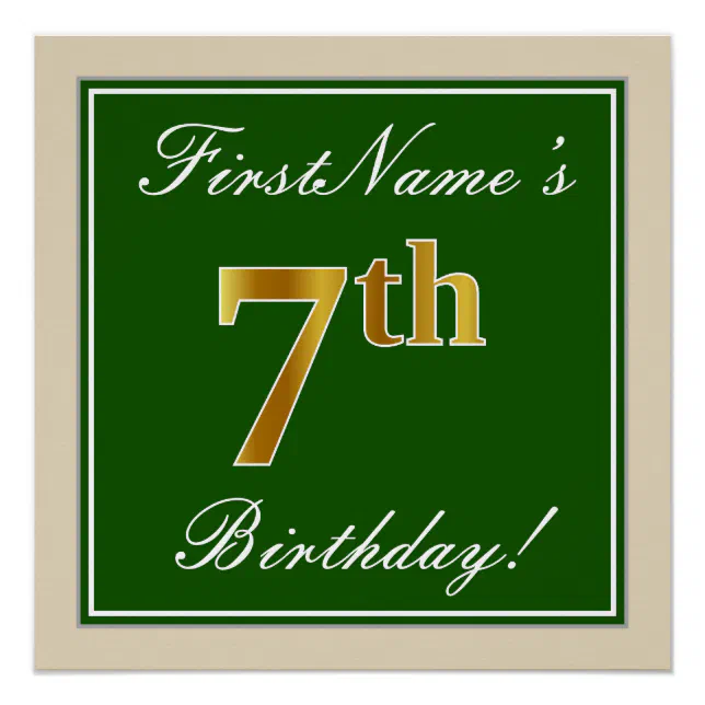 Elegant, Green, Faux Gold 7th Birthday + Name Poster | Zazzle