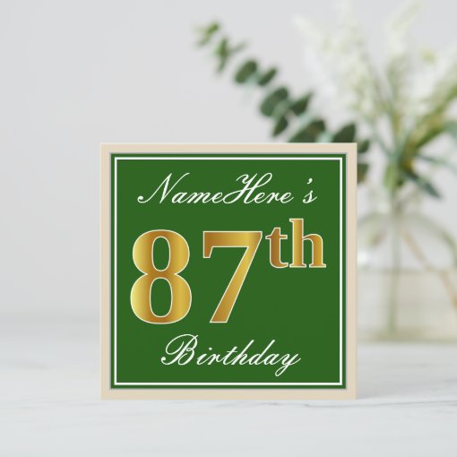 Elegant, Green, Faux Gold 87th Birthday + Name Invitation | Zazzle