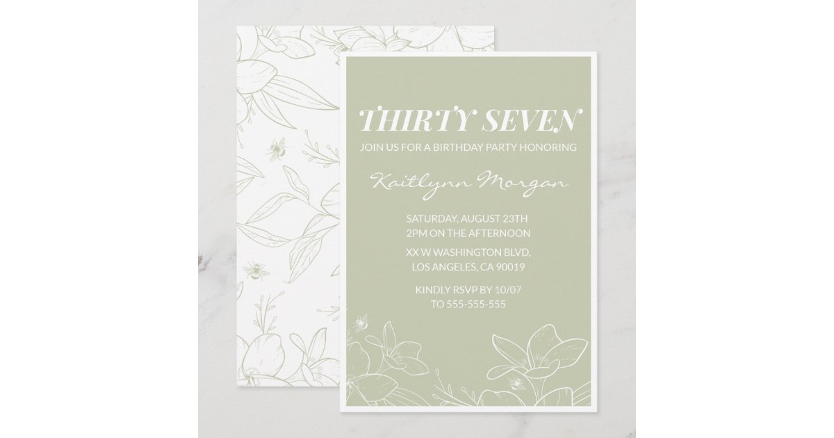 Elegant Green Floral 37th birthday invitations | Zazzle