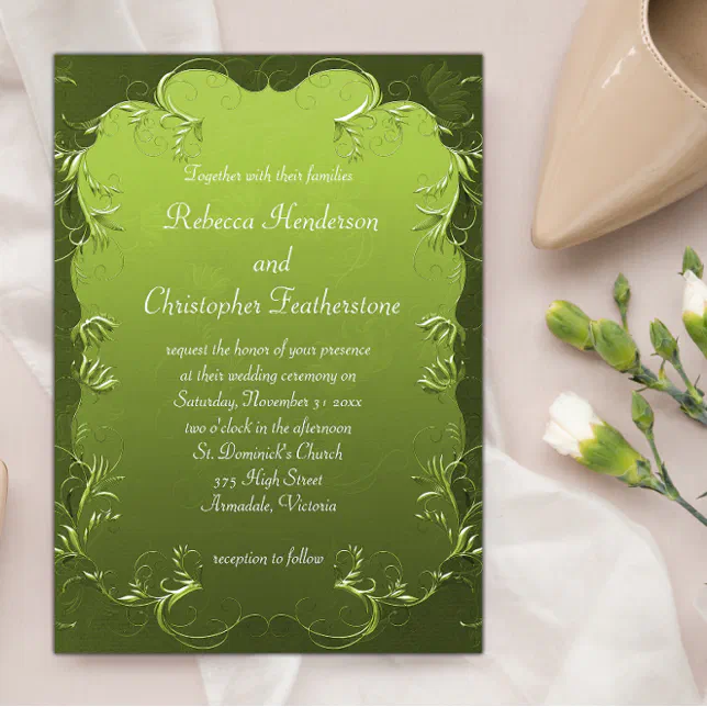 Elegant Green Flourishes & Scrolls Classic Wedding Invitation | Zazzle