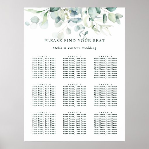 Elegant Green Foliage Wedding Seating Chart | Zazzle