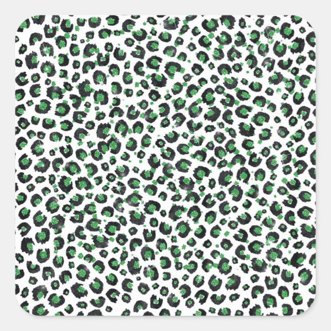 Elegant Green Glitter Black Leopard Animal Print Square Sticker | Zazzle