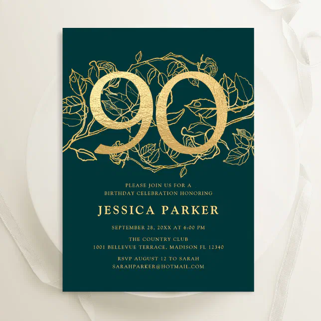 Elegant Green Gold 90th Birthday Invitation | Zazzle