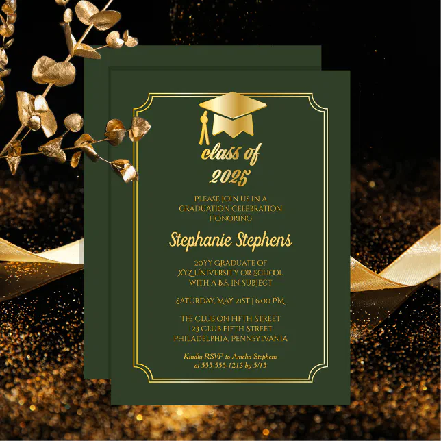 Elegant Green | Gold Cap College Graduation Party Invitation | Zazzle