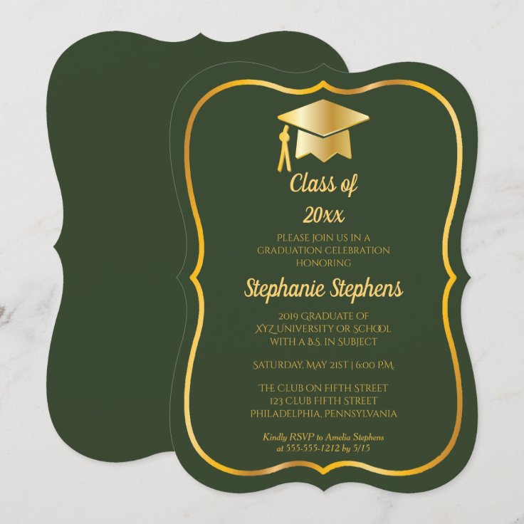 Elegant Green | Gold Cap Graduation Party Invitation | Zazzle