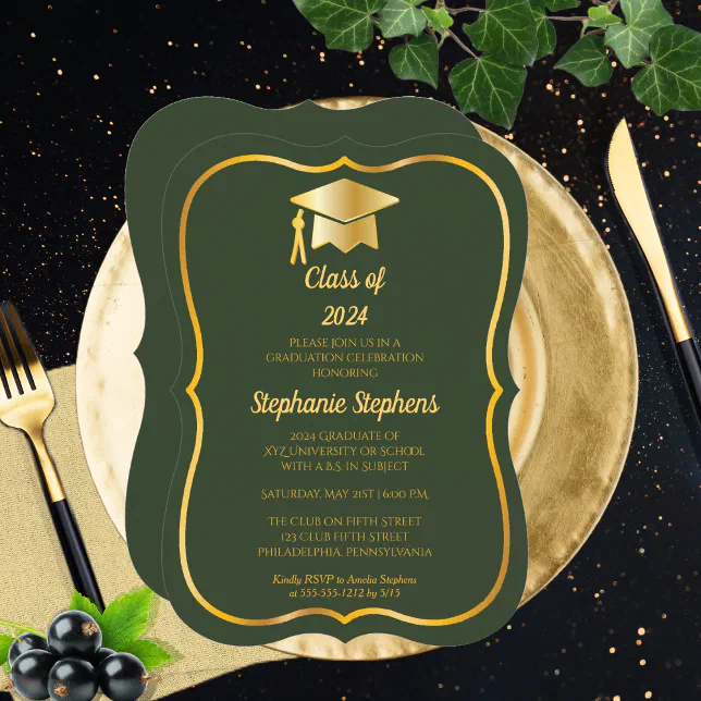 Elegant Green | Gold Cap Graduation Party Invitation | Zazzle