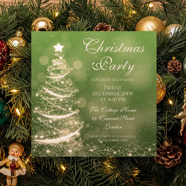 Elegant Green & Gold Christmas Party Sparkle Invitation | Zazzle