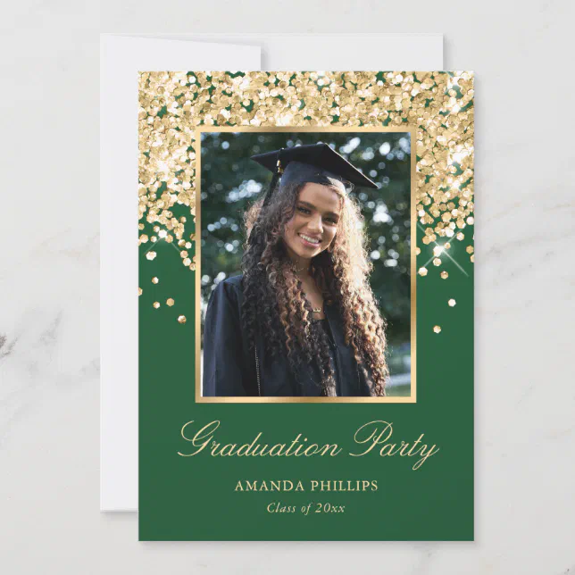 Elegant Green Gold Confetti Photo Grad Party Invitation | Zazzle