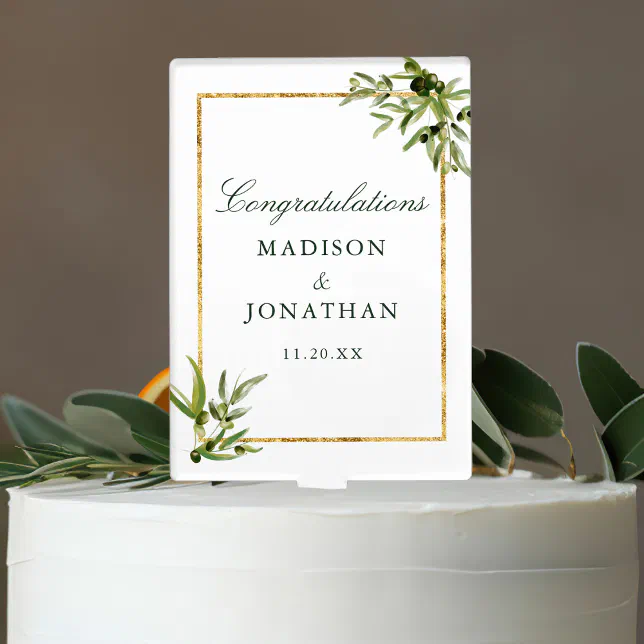 Elegant Green Gold Custom Botanical Wedding Cake Topper | Zazzle