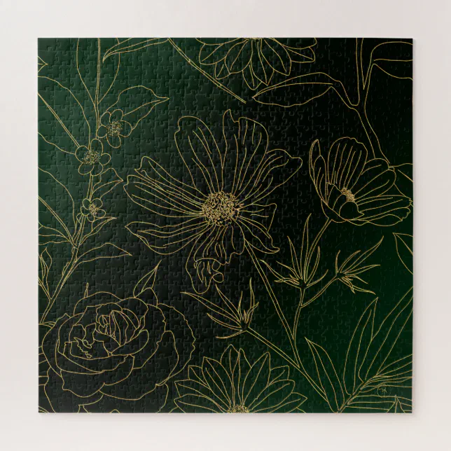 Elegant Green Gold Flowers Botanical Jigsaw Puzzle | Zazzle