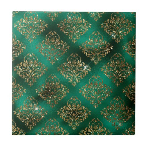 Elegant Green Gold Geometric Pattern Christmas Ceramic Tile | Zazzle