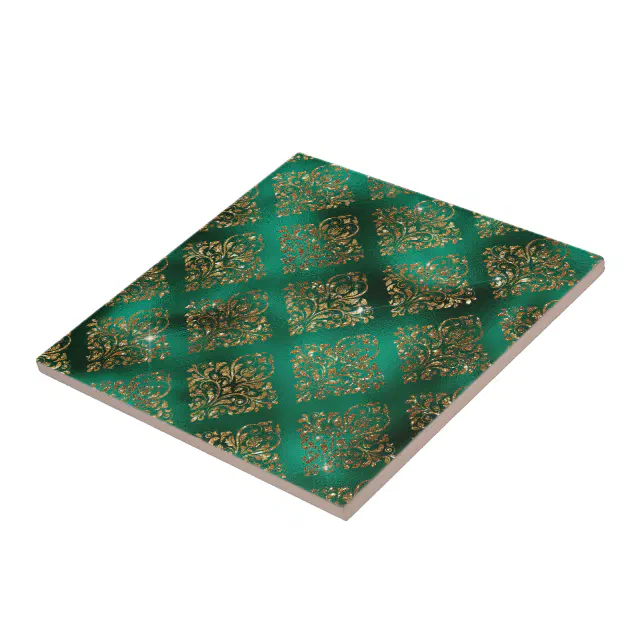 Elegant Green Gold Geometric Pattern Christmas Ceramic Tile | Zazzle