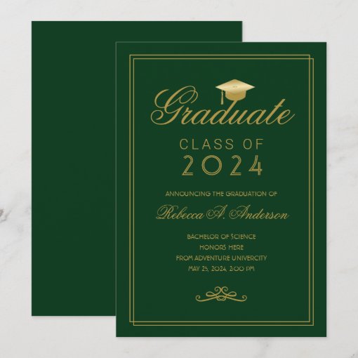 Elegant Green Gold Grad Cap College Graduation Announcement | Zazzle