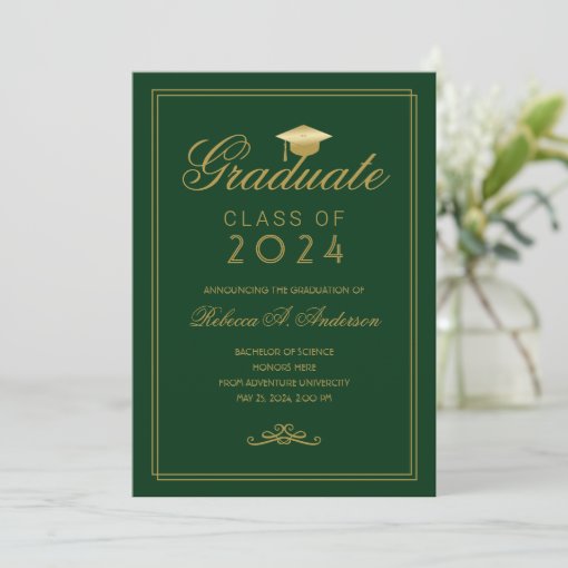 Elegant Green Gold Grad Cap College Graduation Announcement | Zazzle