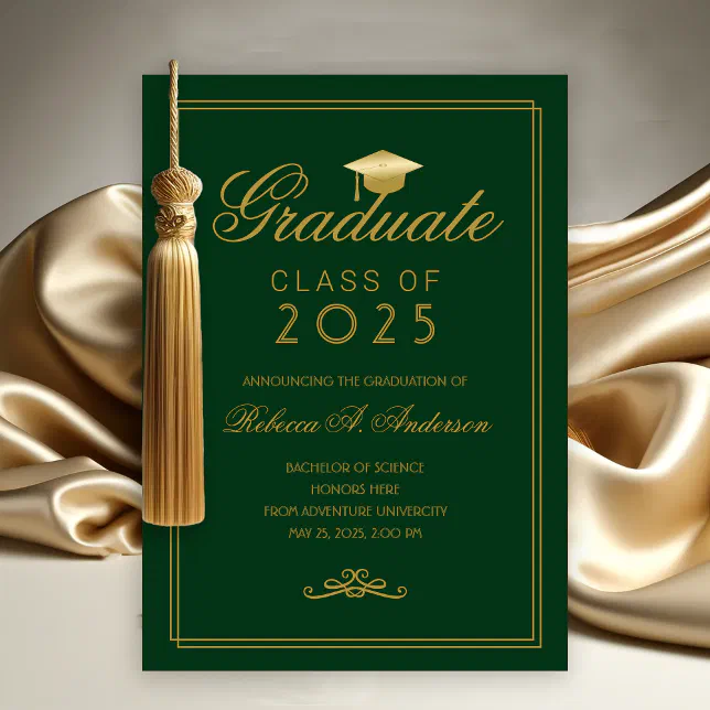 Elegant Green Gold Grad Cap College Graduation Announcement | Zazzle