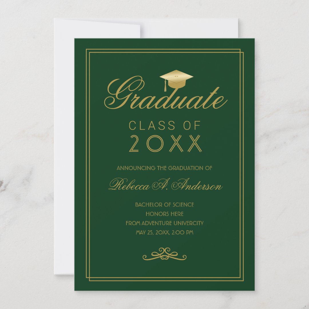 Elegant Green Gold Grad Cap College Graduation Announcement | Zazzle